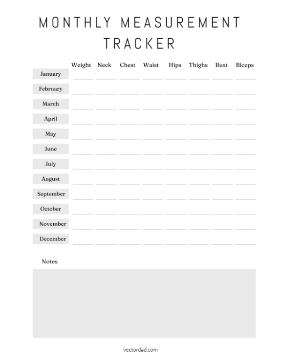 Free Printable Fitness Monthly Measurement Tracker Template
