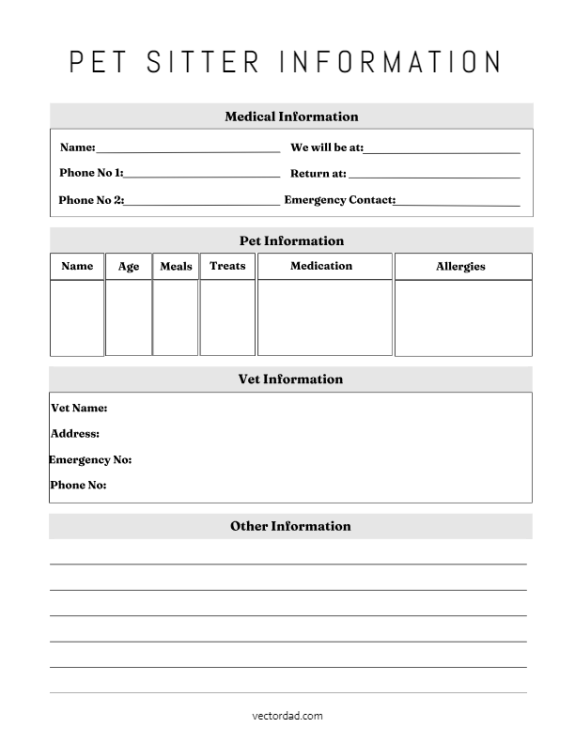 Free Printable Pet Sitter Information Planner Template