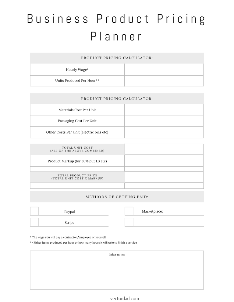 Free Printable Business Product Pricing Planner Template