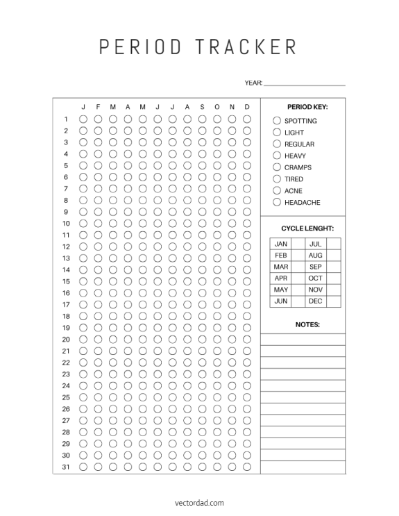 Free Printable Gray And Black Minimalist Period Tracker Template