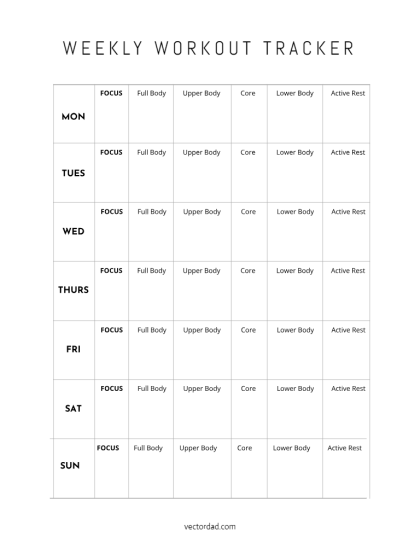 Free Printable Minimalist Weekly Workout Tracker Template