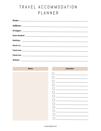 Free Printable Travel Accommodation Planner Template