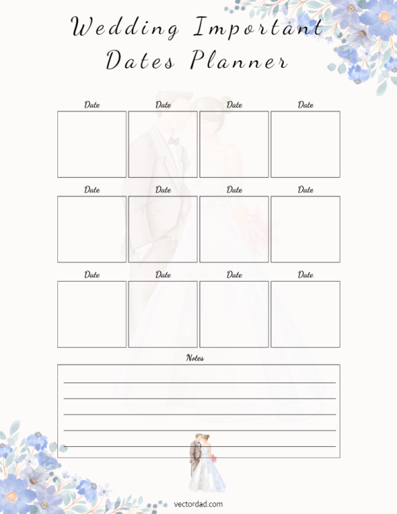 Free Printable Wedding Important Dates Planner Template