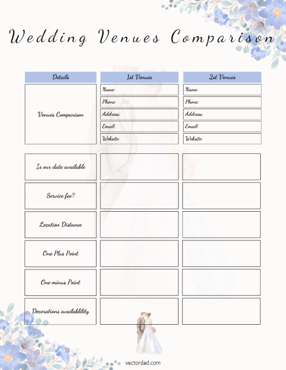 Free Printable Wedding Venues Comparison Template